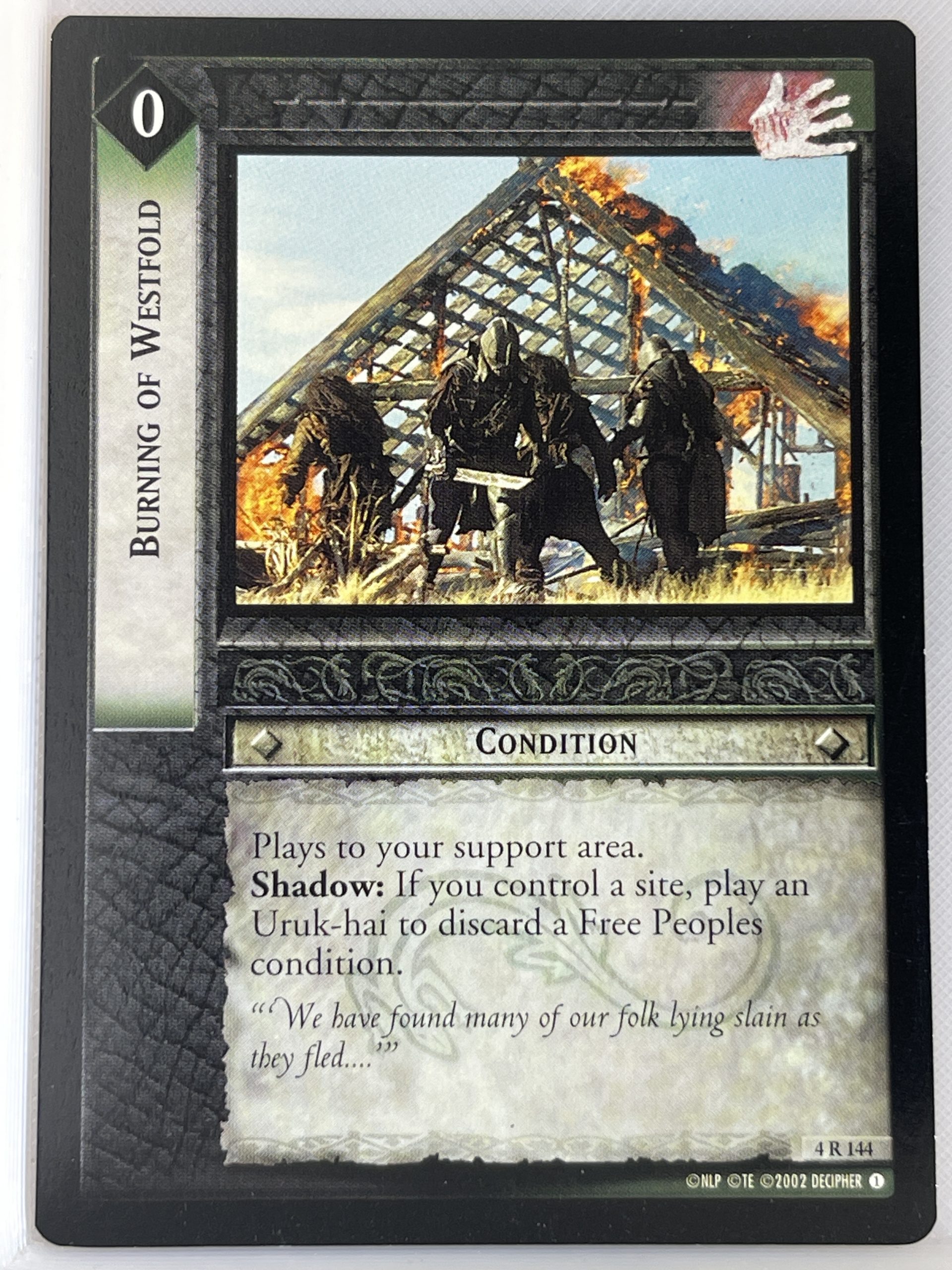 LORD OF THE RINGS TCG TWO TOWERS RARE CARD 4R144 BURNING OF WESTFOLD lp ...